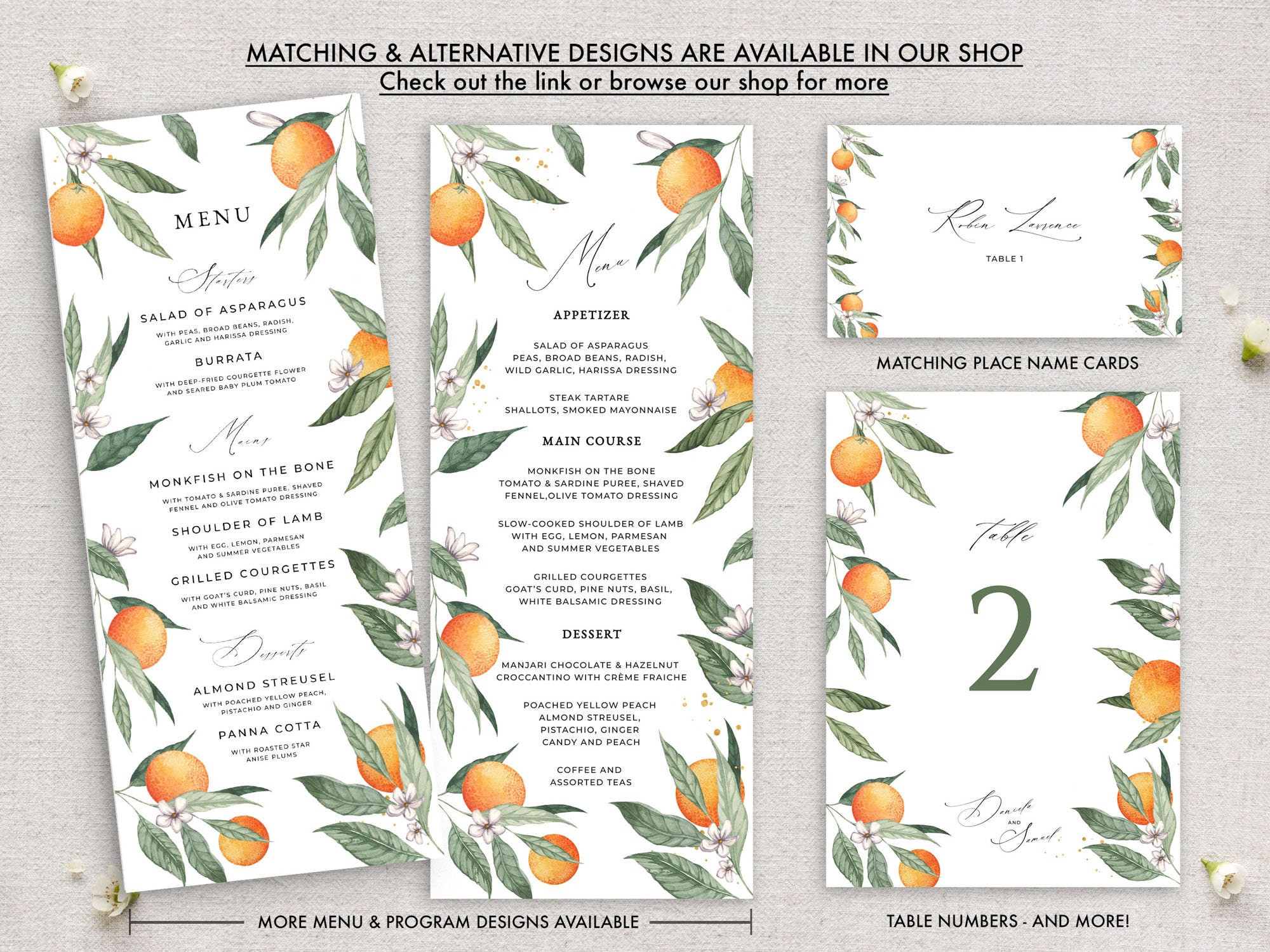 CLEMMIE - Orange Menu Card Template, Clementine Wedding Menu Card ...