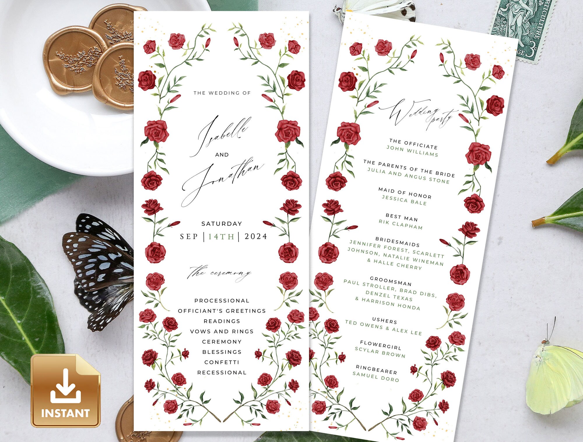 Red Rose Wedding Program Template, Romantic Ceremony Program, Printable ...