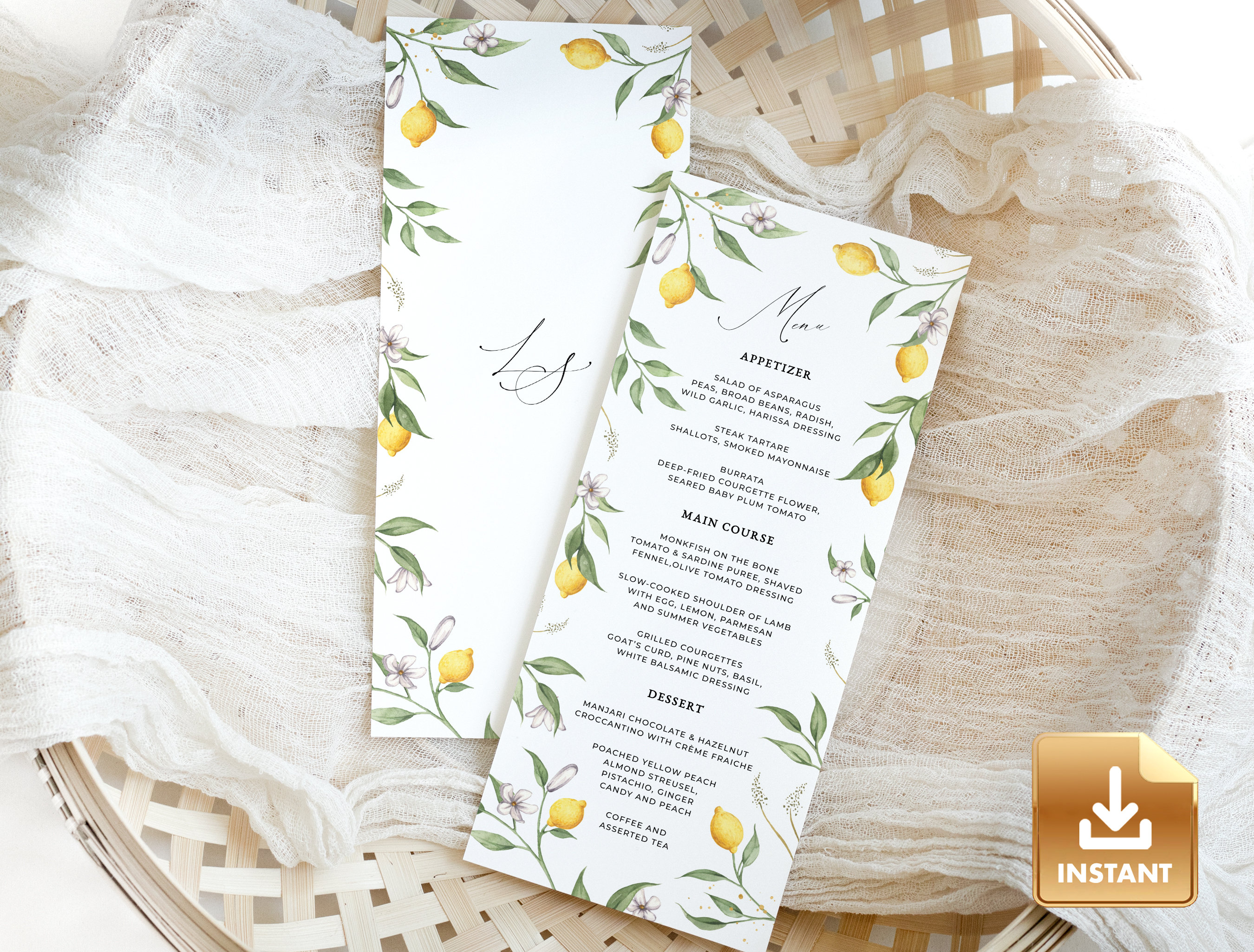 CAPRI - Lemon Menu Card Template, Summer Wedding Menu, Instant Download ...
