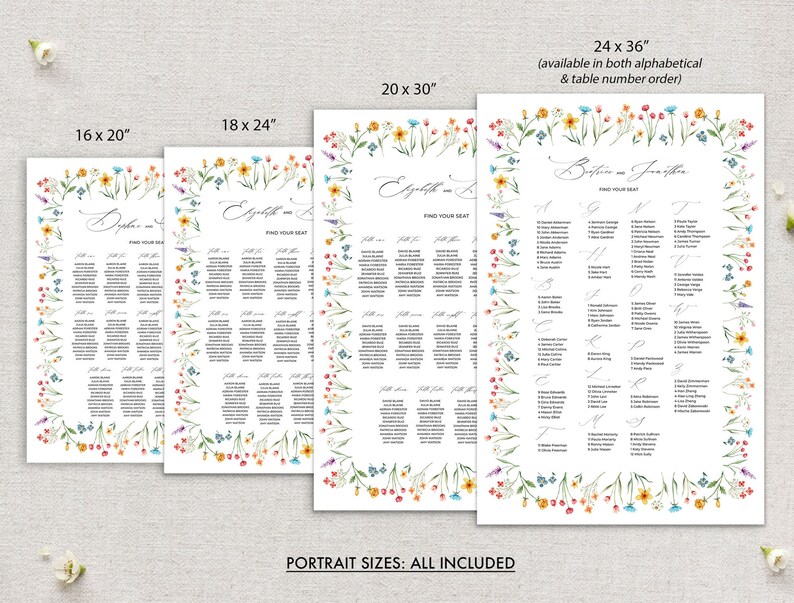 FLORA - Wildflower Wedding Seating Chart Template, Floral Table Chart ...