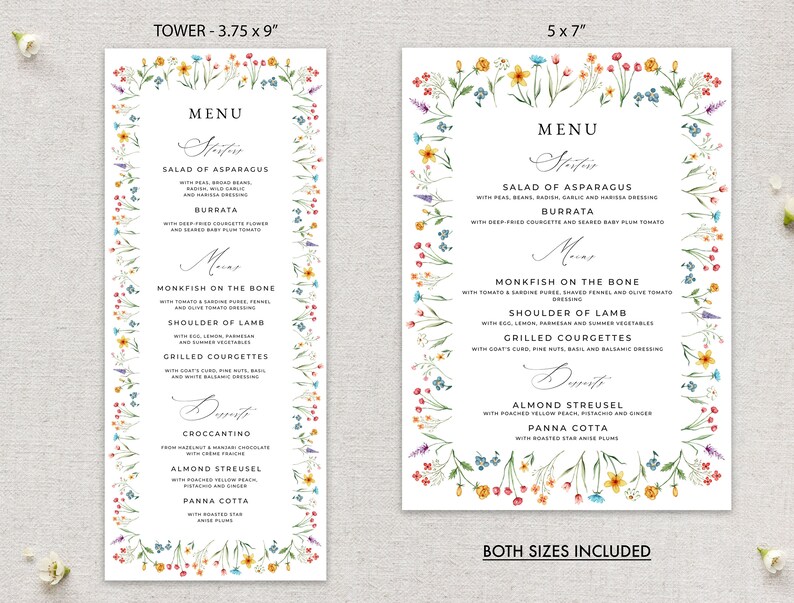 FLORA Wildflower Menu Card Template Summer Wedding Menu - Etsy