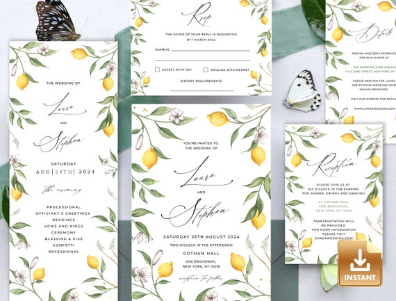 CAPRI Lemon Wedding Invitation Template Hand-painted | Etsy