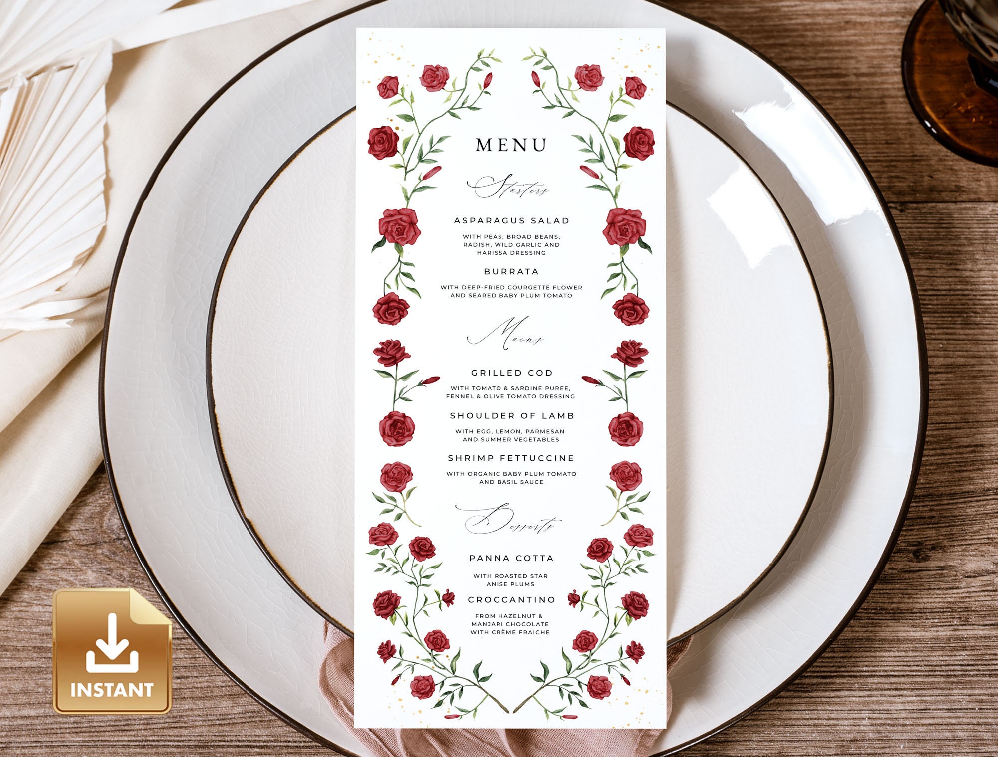 BRIAR Red Rose Menu Card Template, Romantic Wedding Menu, Editable Rose ...