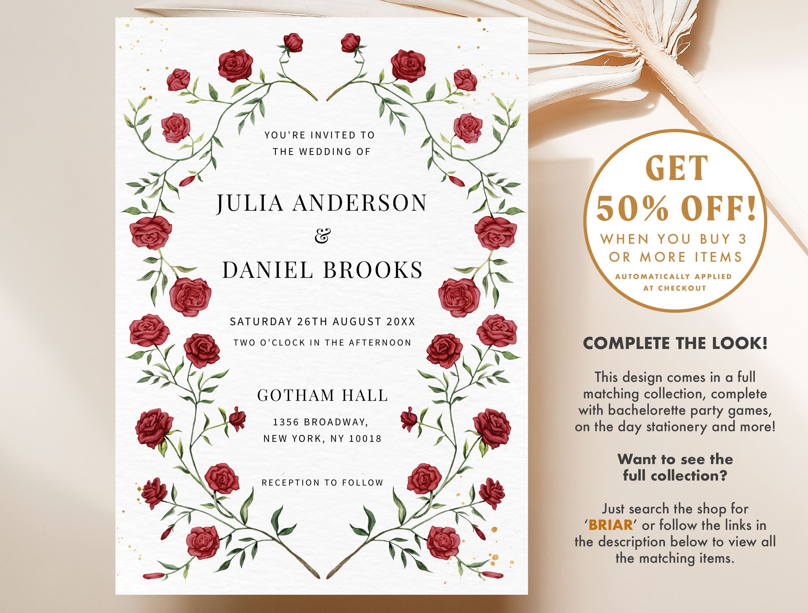 Romantic Wedding Invitation Template, Red Rose Invite, Instant Download ...