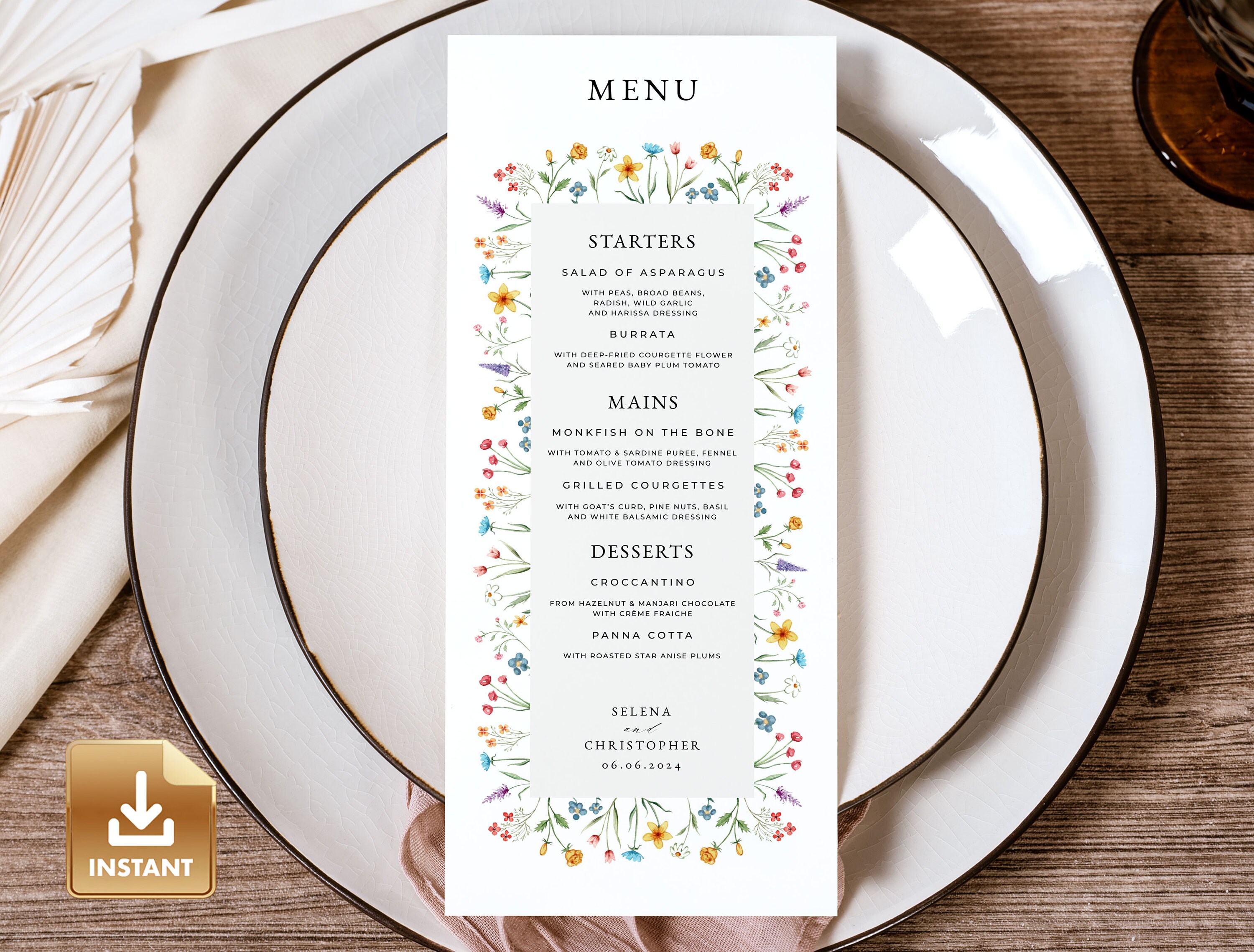 FLORA - Floral Menu Template, Wildflower Wedding Menu, INSTANT Download ...