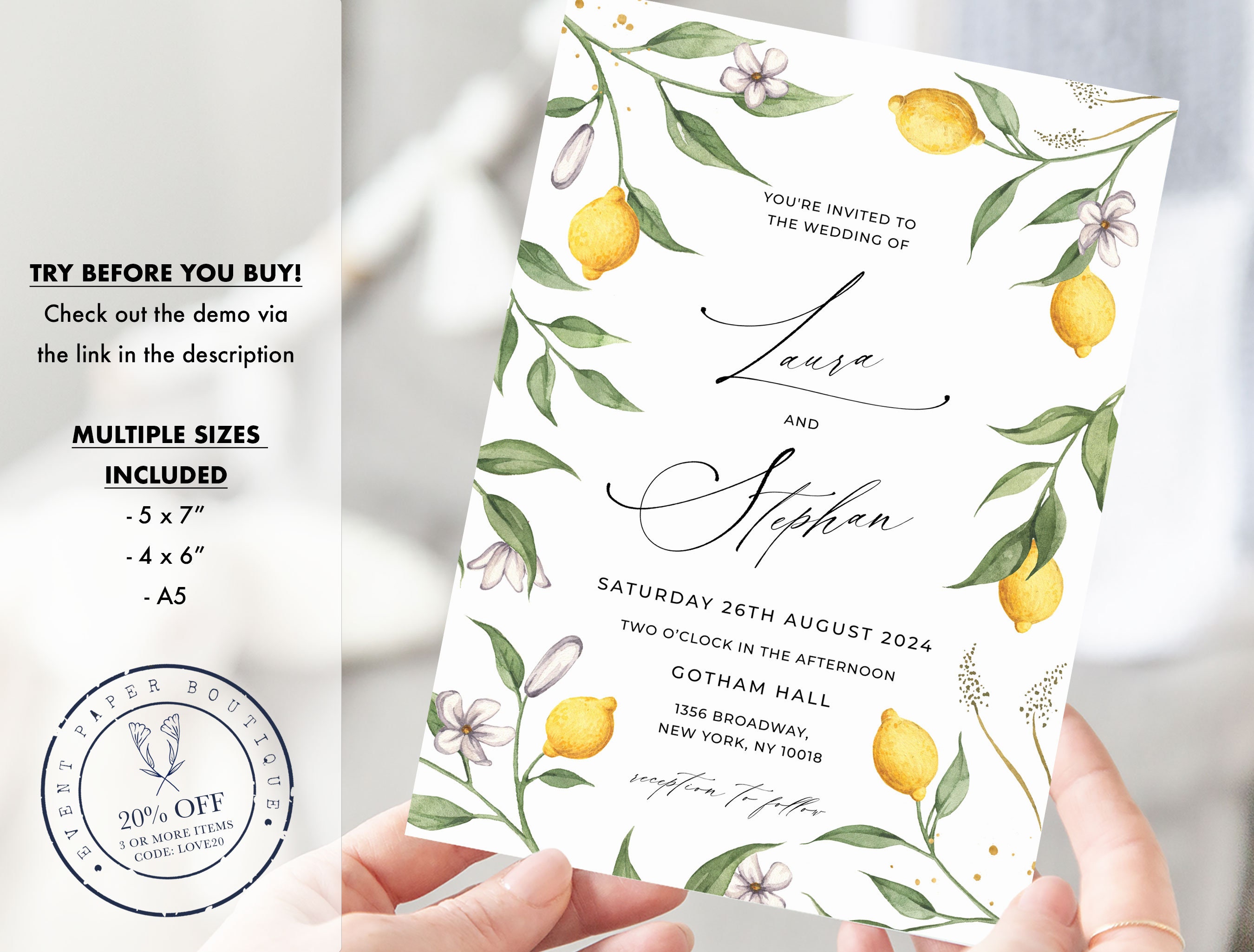 CAPRI Lemon Wedding Invitation Set, Hand-painted Wedding Invitation ...