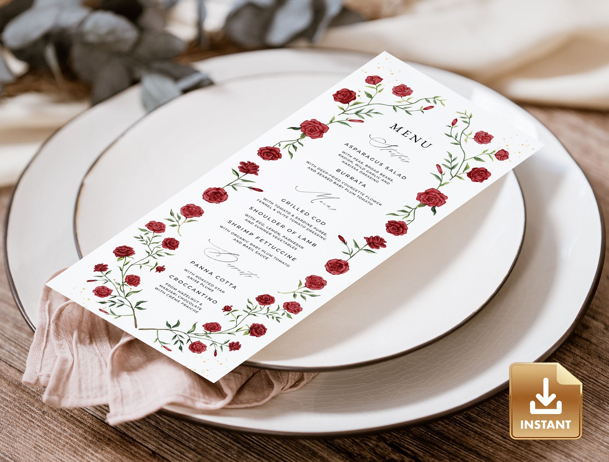 BRIAR Red Rose Menu Card Template, Romantic Wedding Menu, Editable Rose ...