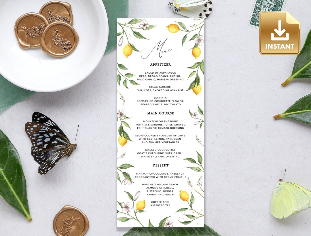 CAPRI - Lemon Menu Card Template, Summer Wedding Menu, Instant Download ...