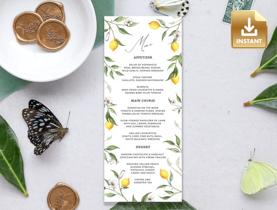 CAPRI Lemon Menu Card Template Summer Wedding Menu Instant | Etsy