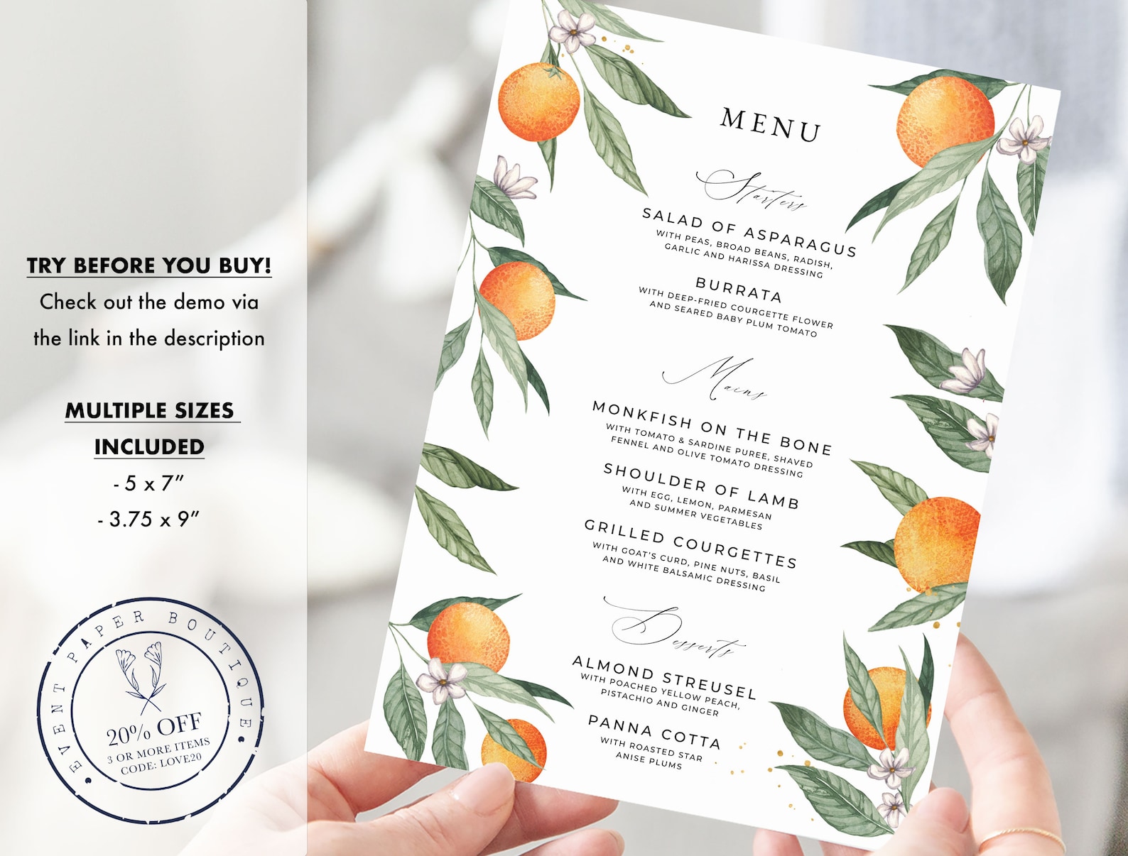 CLEMMIE - Orange Menu Card Template, Clementine Wedding Menu Card ...