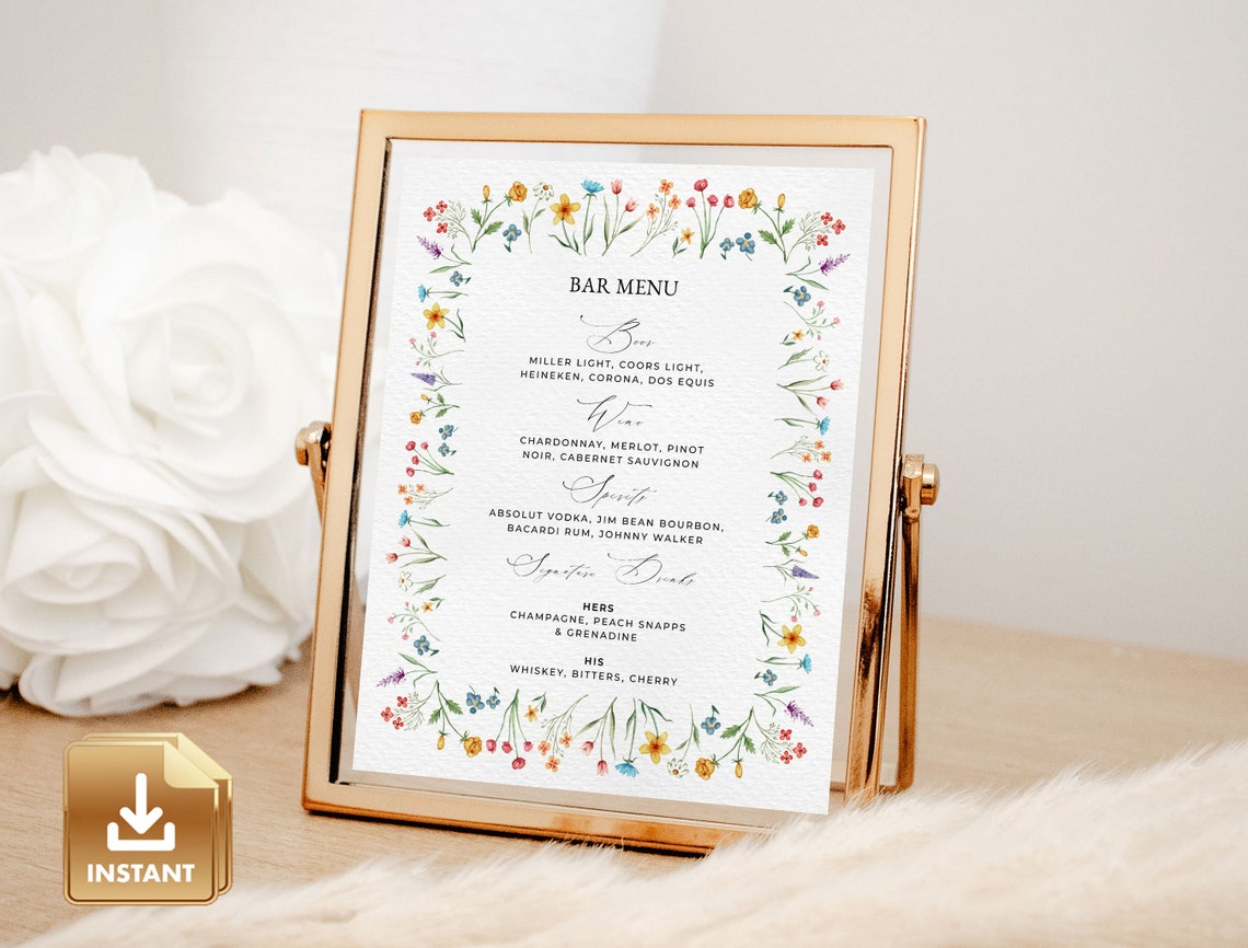 Bar Menu Sign Printable Wedding Sign Floral Drinks Menu - Etsy