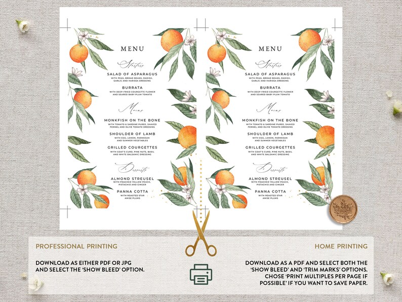 CLEMMIE - Orange Menu Card Template, Clementine Wedding Menu Card ...