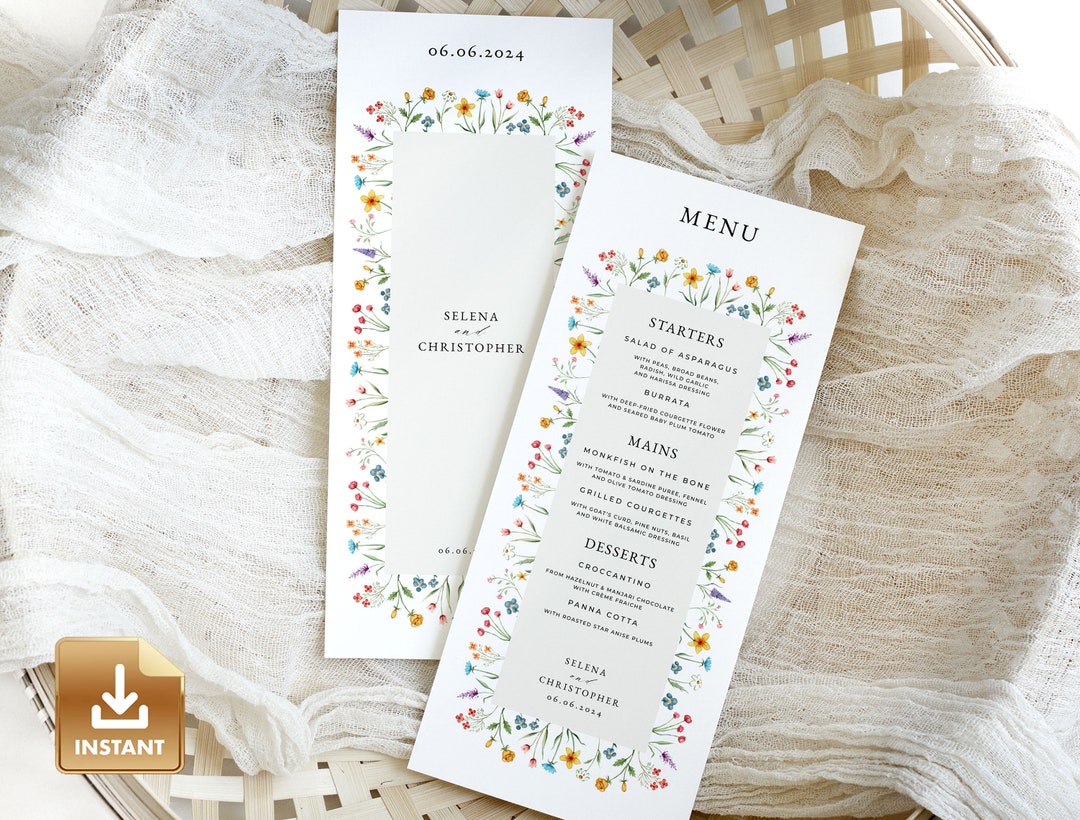 FLORA - Floral Menu Template, Wildflower Wedding Menu, INSTANT Download ...