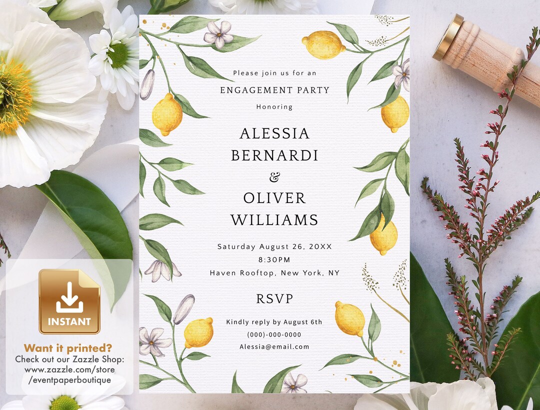 Summer Engagement Party Invitation Template, Citrus Lemon Invite ...