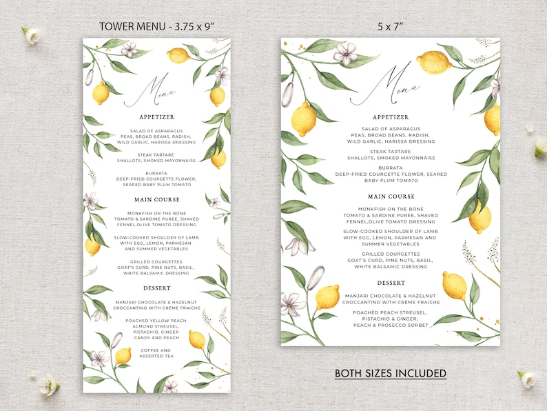 CAPRI - Lemon Menu Card Template, Summer Wedding Menu, Instant Download ...