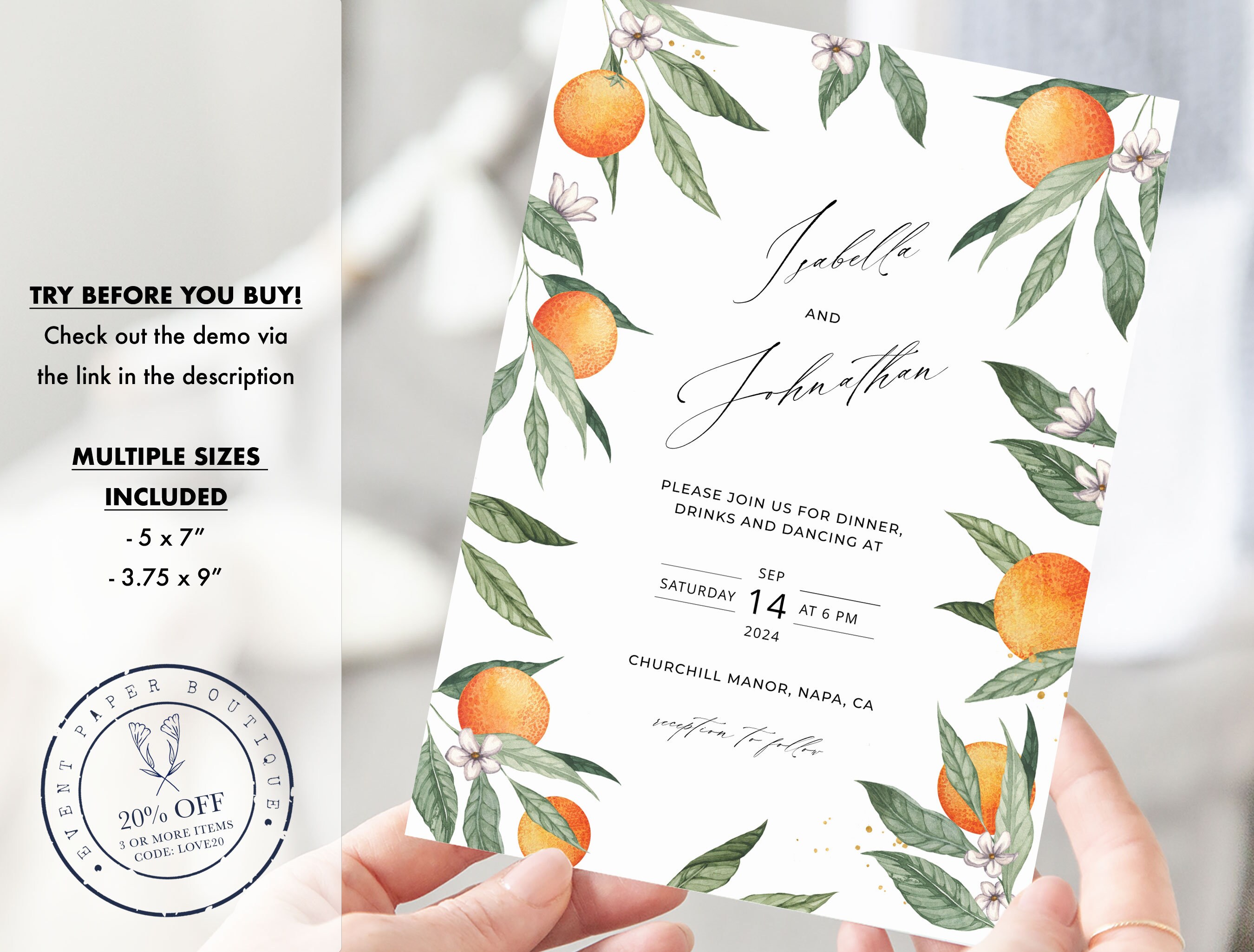 CLEMMIE - Citrus Wedding Reception Invitation Template, Editable ...
