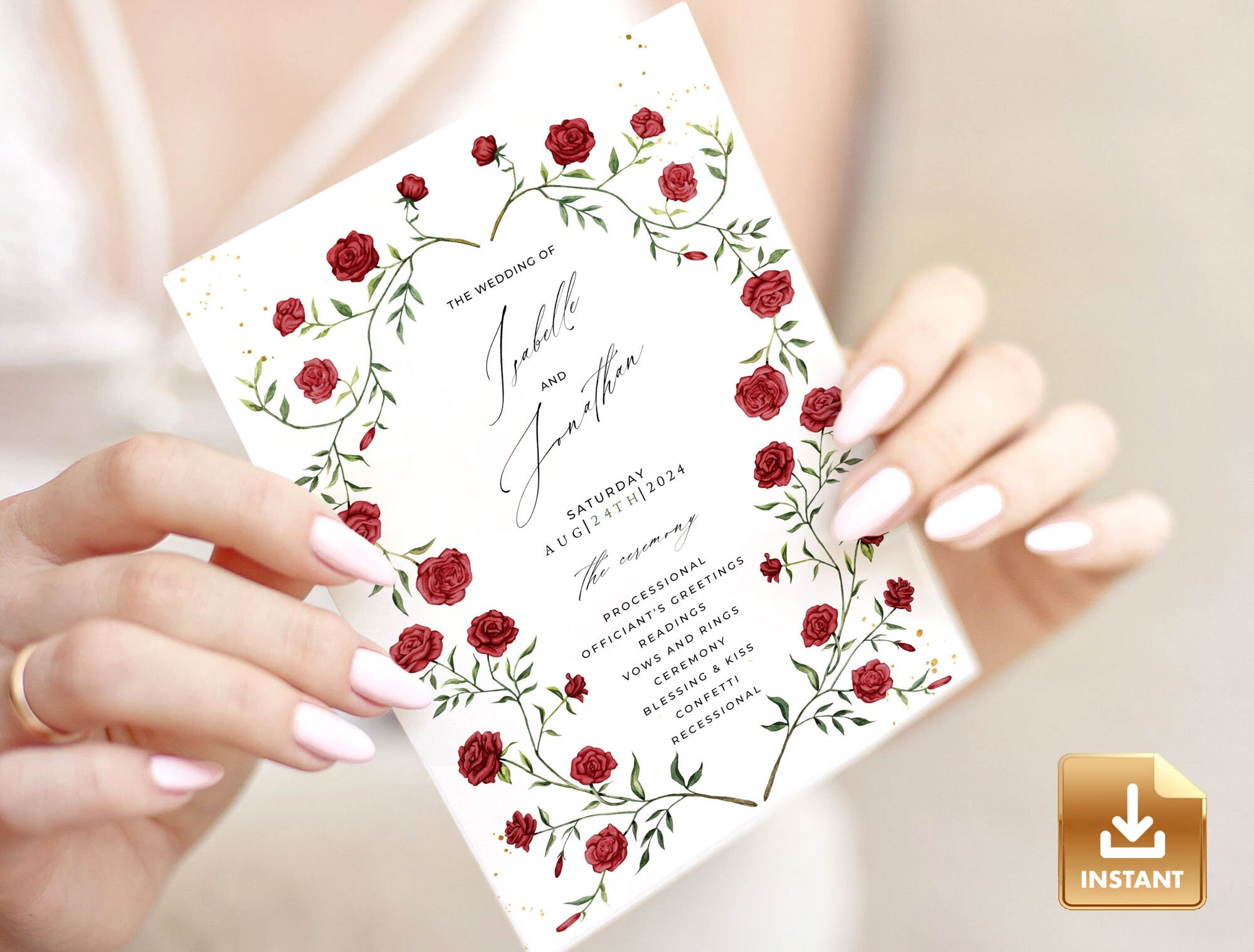 Red Rose Wedding Program Template, Romantic Ceremony Program, Printable ...