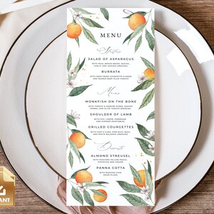 CLEMMIE - Orange Menu Card Template, Clementine Wedding Menu Card ...