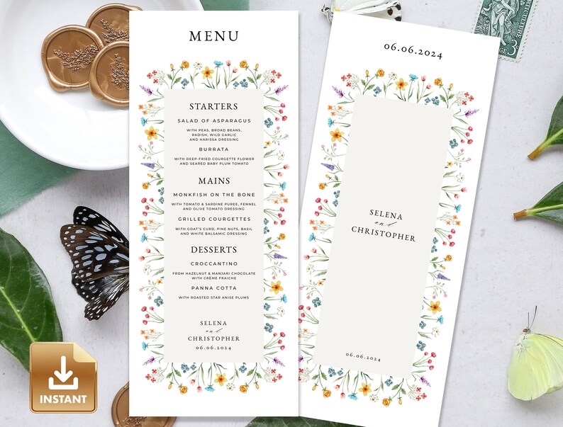 FLORA - Floral Menu Template, Wildflower Wedding Menu, INSTANT Download ...