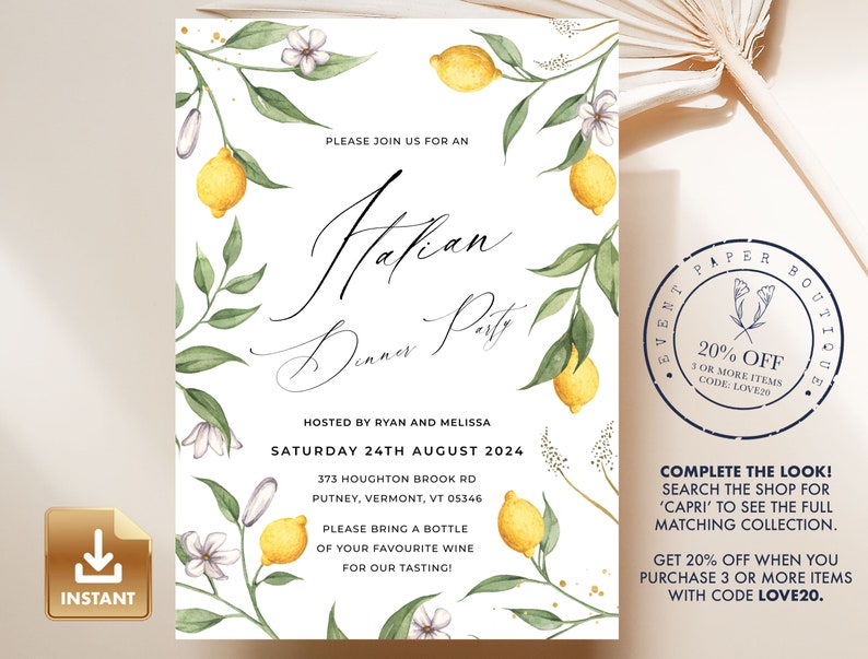 CAPRI - Summer Dinner Party Invitation Template, Lemon Dinner Party ...