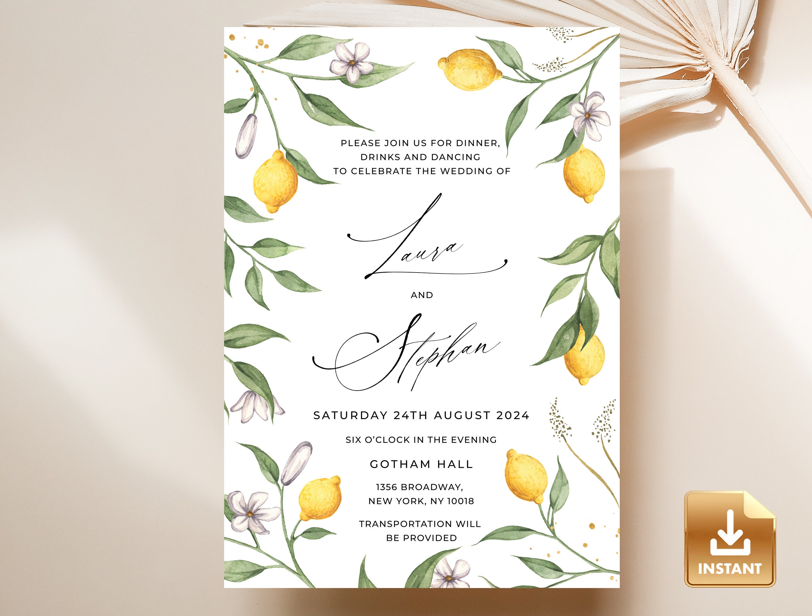 CAPRI Lemon Wedding Reception Invitation Template, Summer Wedding ...