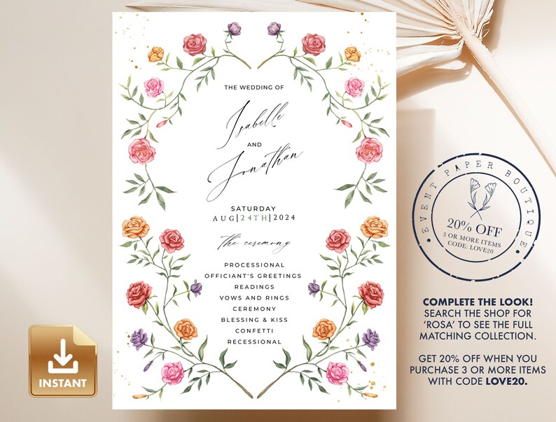 ROSA Romantic Wedding Program Template, Rose Ceremony Program ...