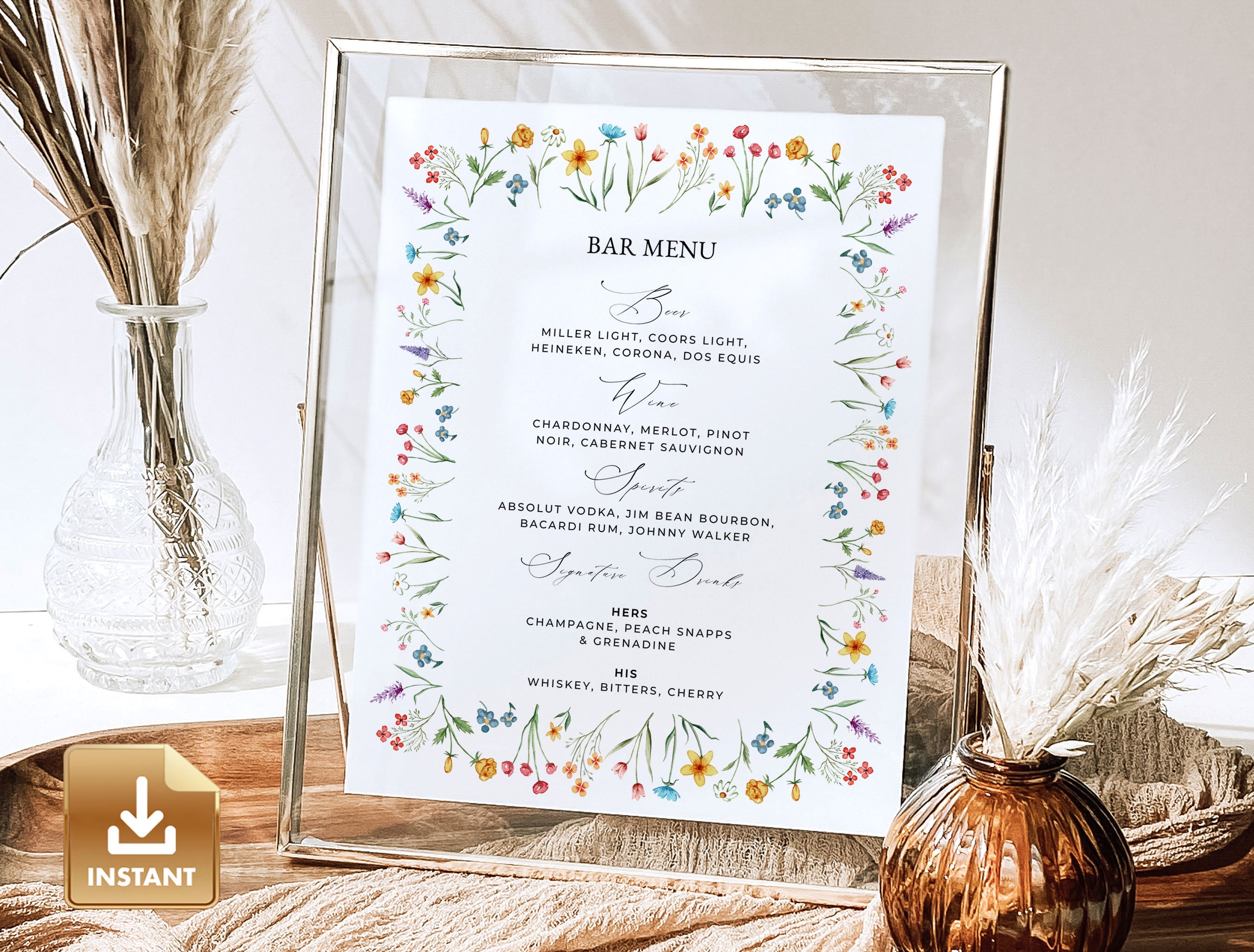 Bar Menu Sign, Printable Wedding Sign, Floral Drinks Menu Template ...