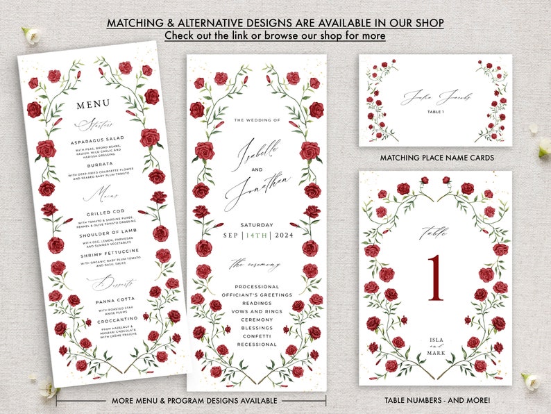 BRIAR Red Rose Menu Card Template Romantic Wedding Menu - Etsy