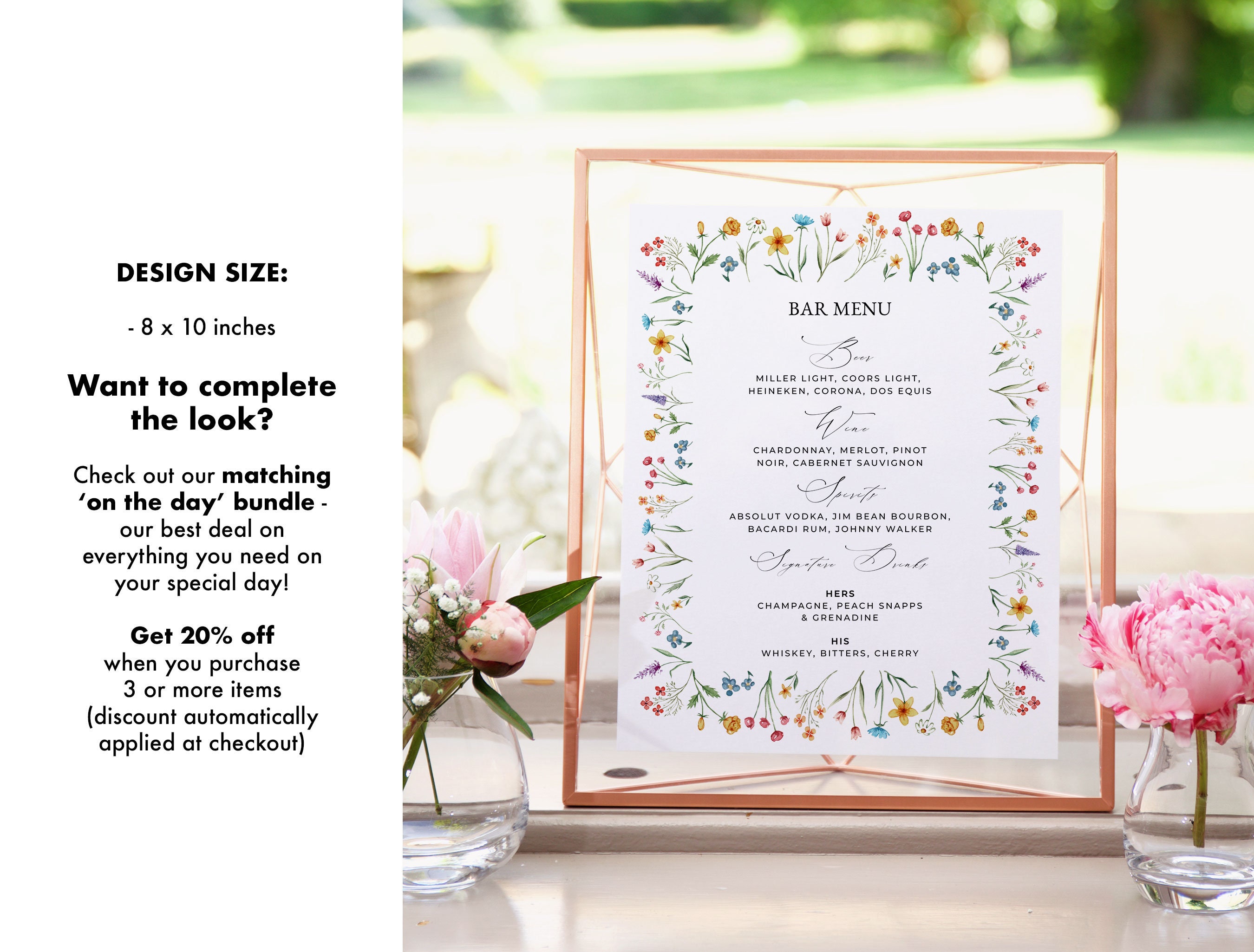 Bar Menu Sign, Printable Wedding Sign, Floral Drinks Menu Template ...