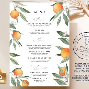 CLEMMIE - Orange Menu Card Template, Clementine Wedding Menu Card ...