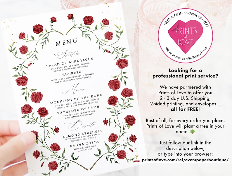 BRIAR Red Rose Menu Card Template, Romantic Wedding Menu, Editable Rose ...