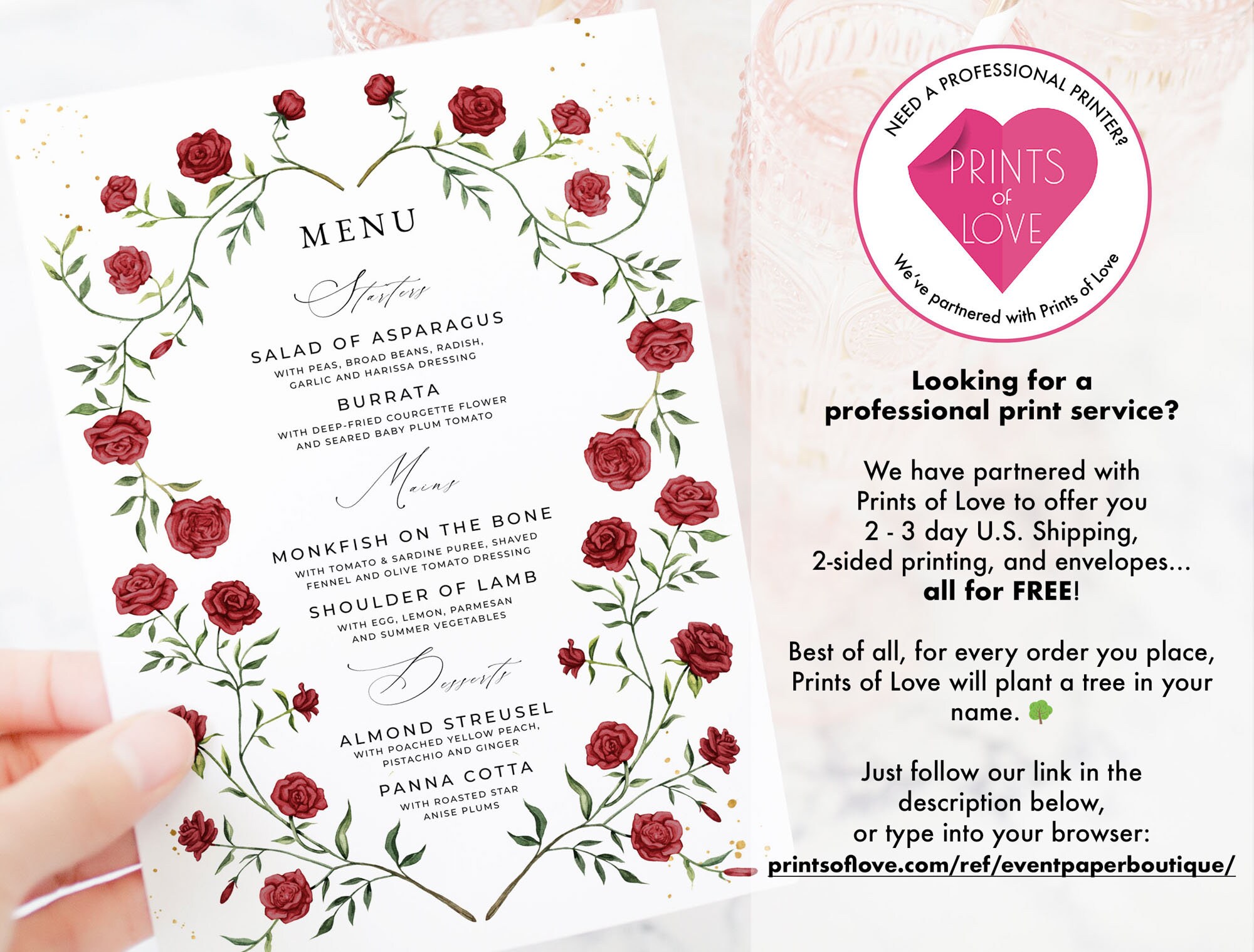 BRIAR Red Rose Menu Card Template, Romantic Wedding Menu, Editable Rose ...