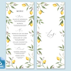 Lemon Menu Card Template, Summer Wedding Menu Card, Instant Download ...