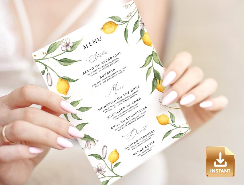 Lemon Menu Card Template Summer Wedding Menu Card Instant - Etsy