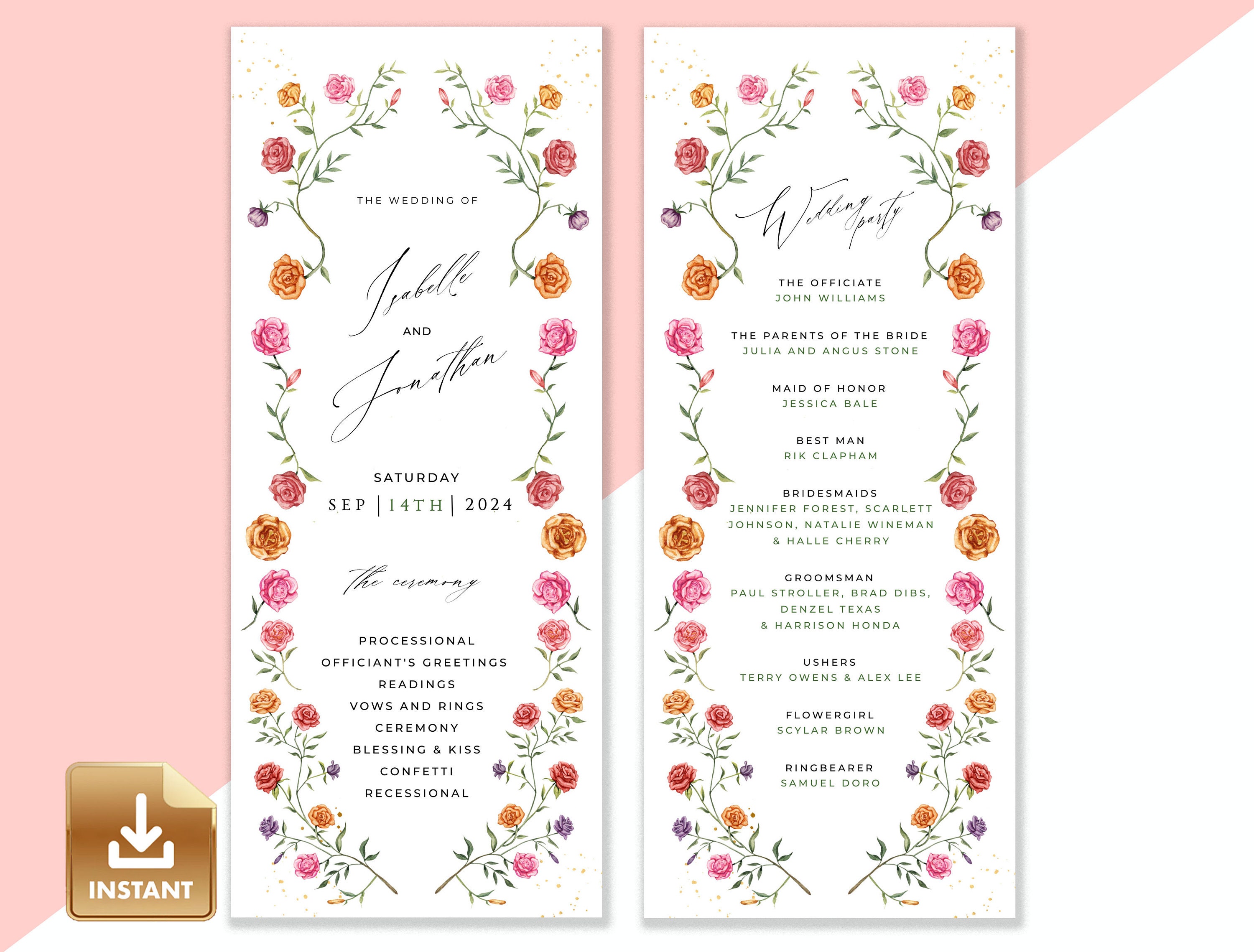ROSA Romantic Wedding Program Template, Rose Ceremony Program ...