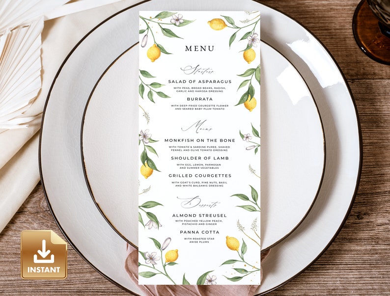 Lemon Menu Card Template Summer Wedding Menu Card Instant - Etsy