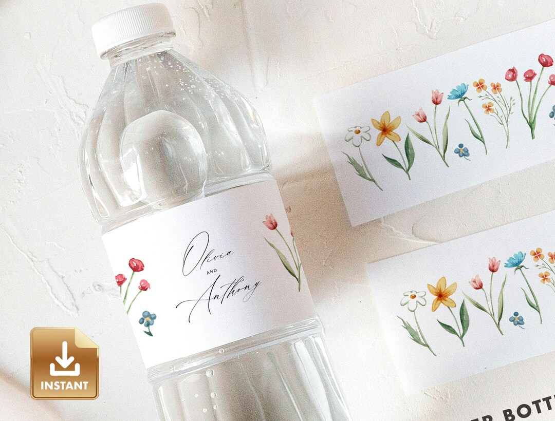 Wildflower Water Bottle Label Template, Waterbottle Wrap Label, Bridal ...