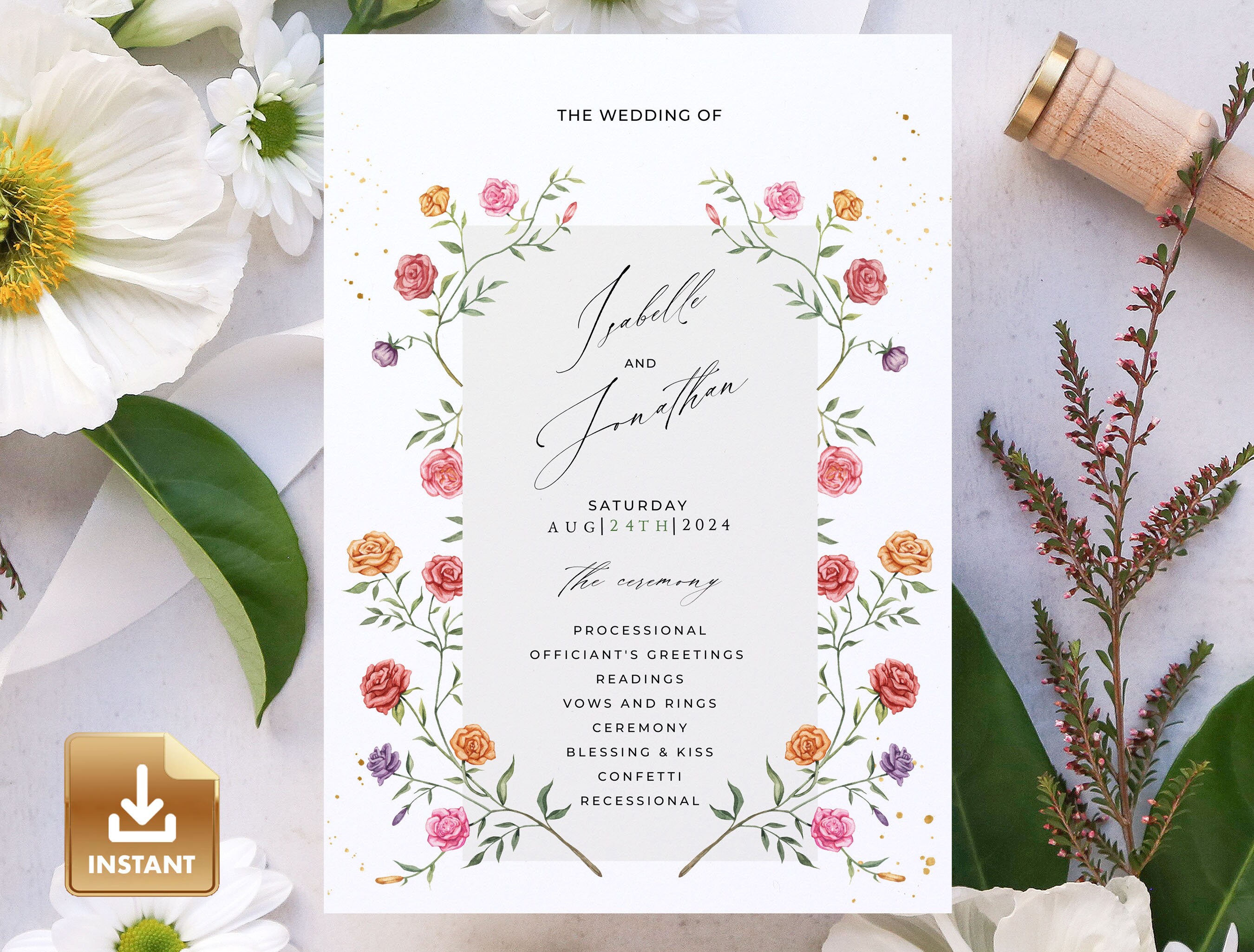 ROSA Rose Wedding Program Template, Romantic Ceremony Program ...