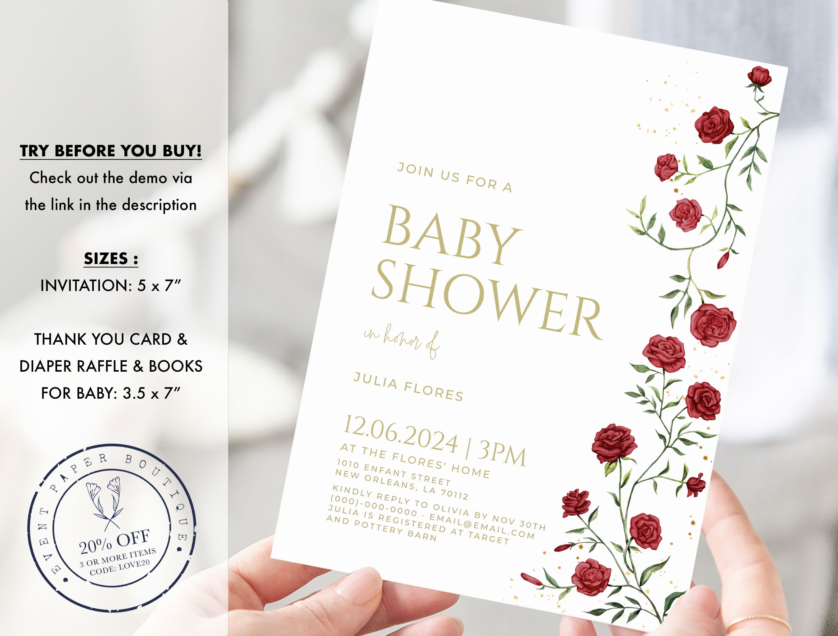 BRIAR Red Rose Baby Shower Invitation Card Baby Shower - Etsy