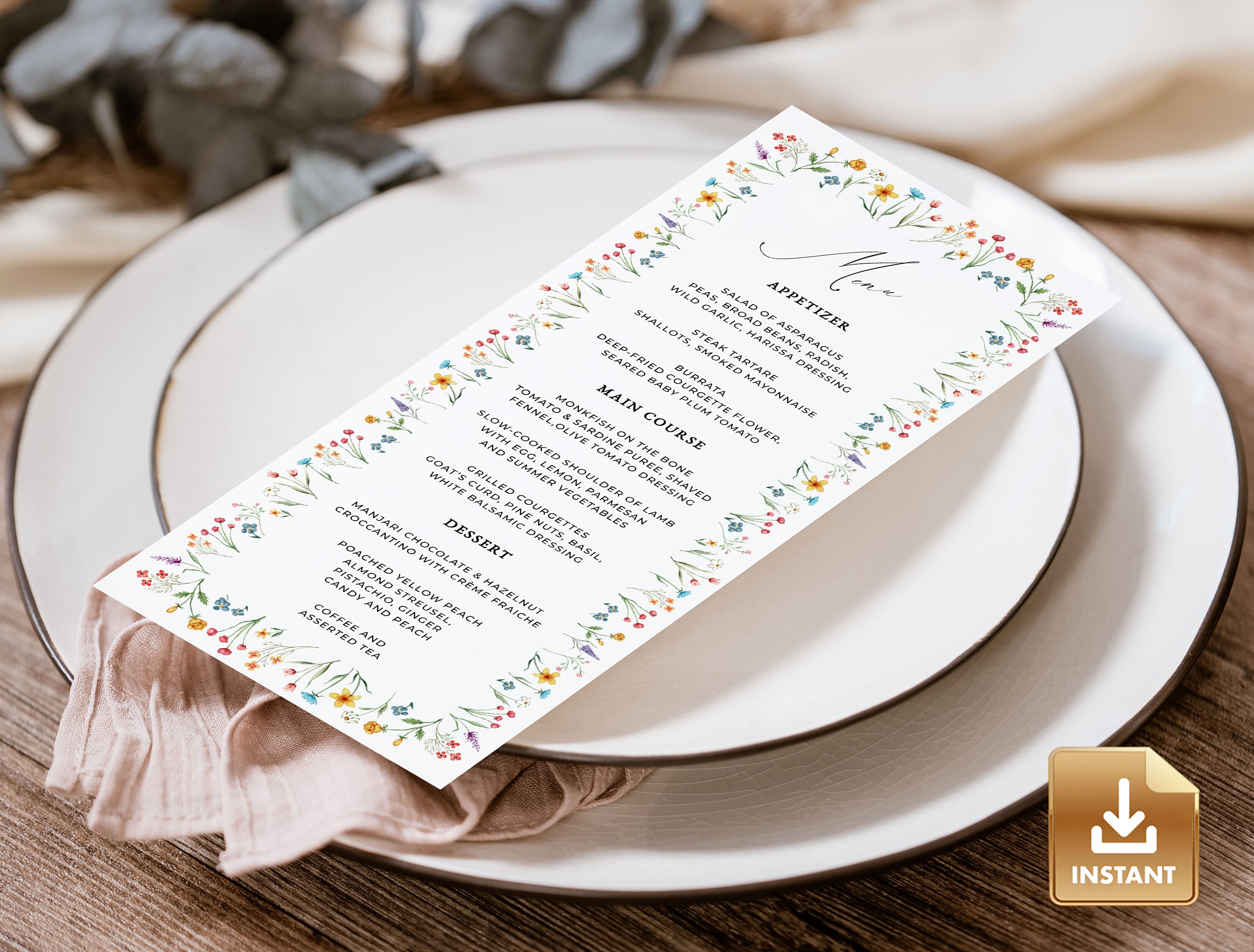 FLORA - Wildflower Menu Card Template, Summer Wedding Menu, Colorful ...