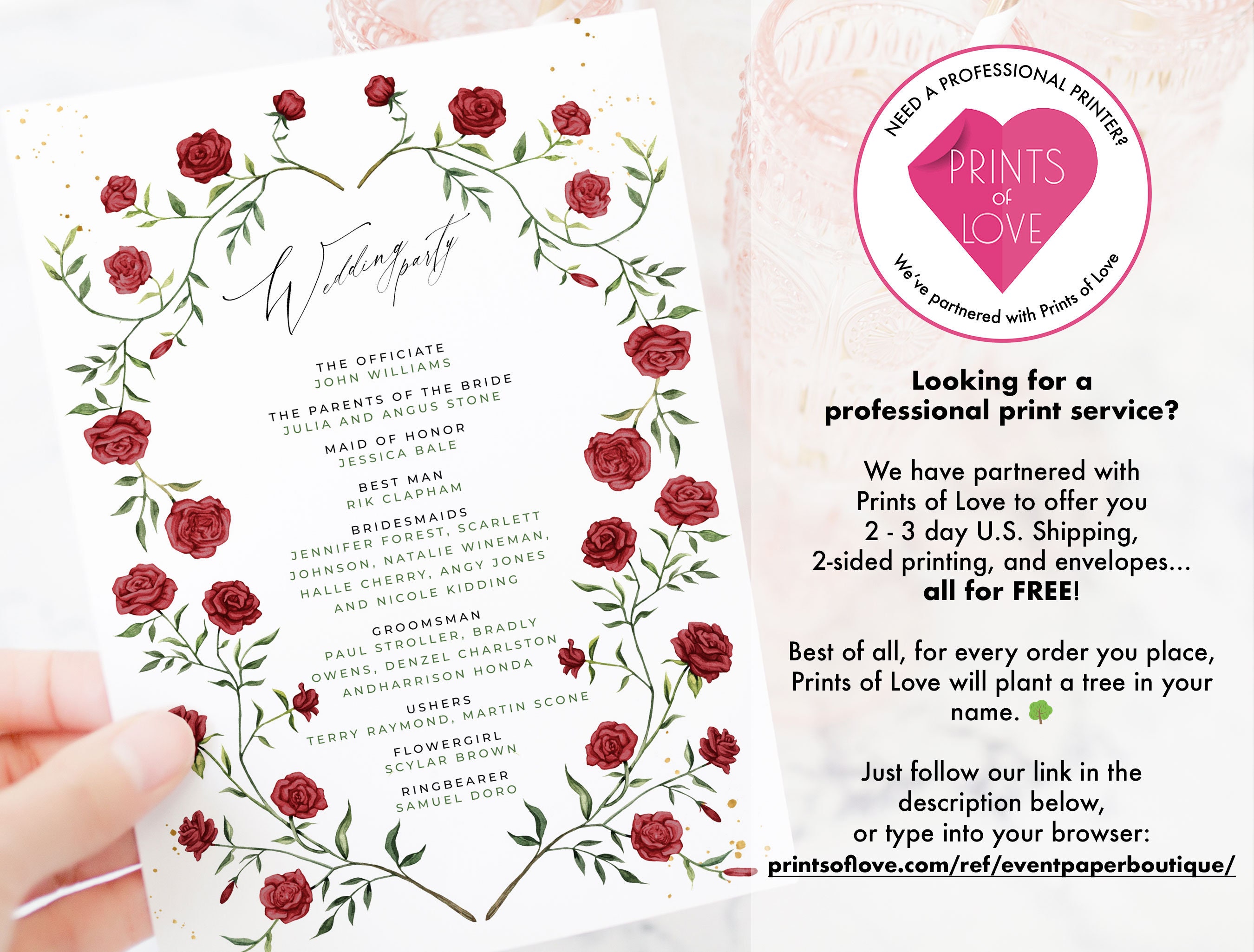 Red Rose Wedding Program Template, Romantic Ceremony Program, Printable ...