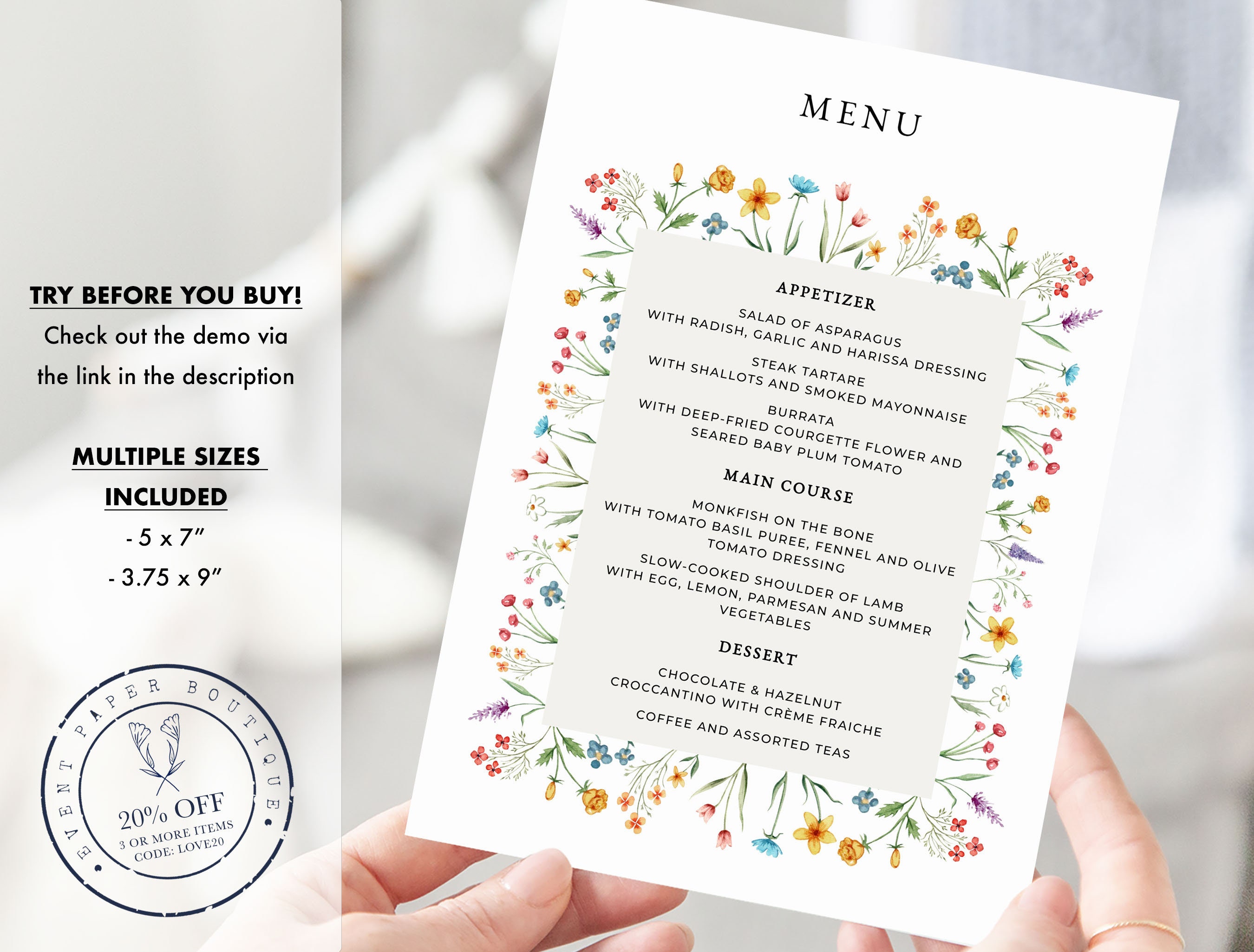 FLORA Floral Menu Template, Wildflower Wedding Menu, INSTANT Download ...