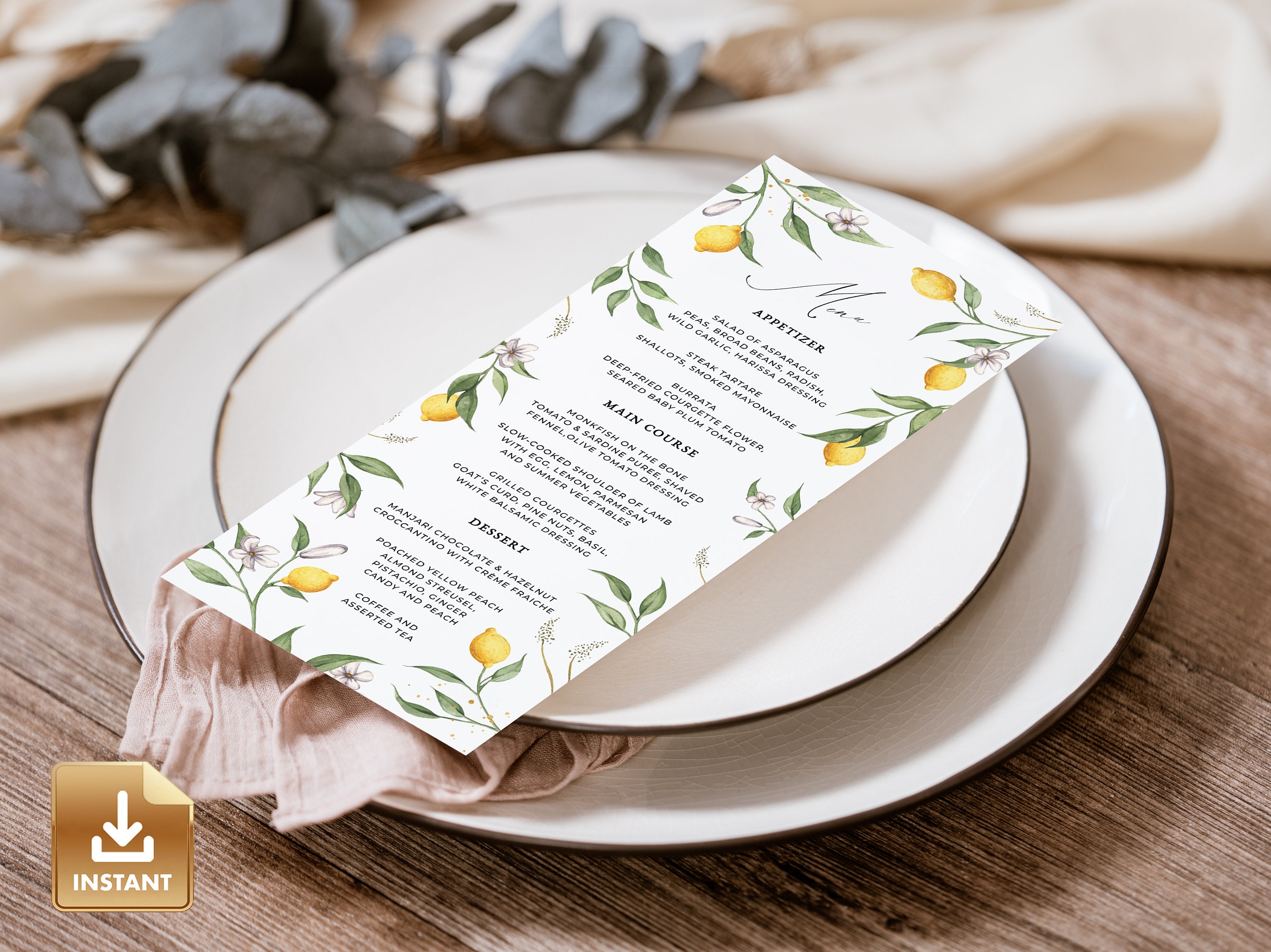 CAPRI - Lemon Menu Card Template, Summer Wedding Menu, Instant Download ...