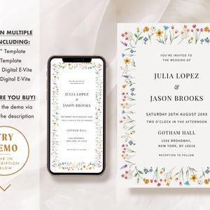 Summer Wedding Invitation, Wildflower Invite Template, Instant Download ...