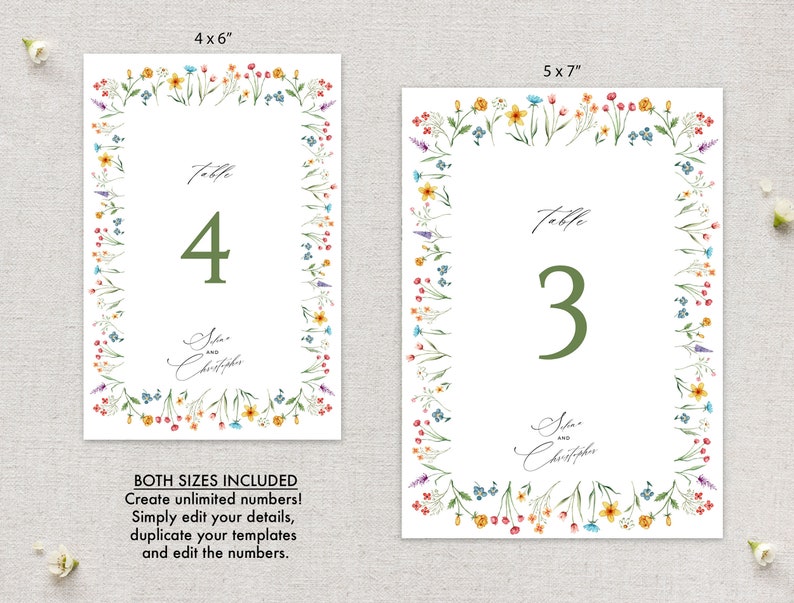 FLORA - Wildflower Table Number Template, Summer Table Number Sign, 5x7 ...