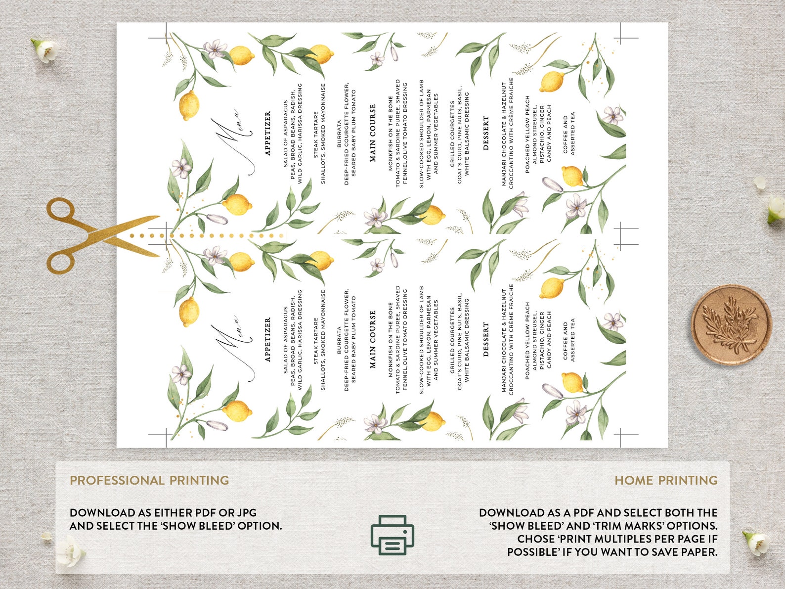 CAPRI - Lemon Menu Card Template, Summer Wedding Menu, Instant Download ...
