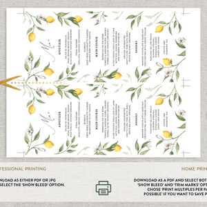 CAPRI - Lemon Menu Card Template, Summer Wedding Menu, Instant Download ...