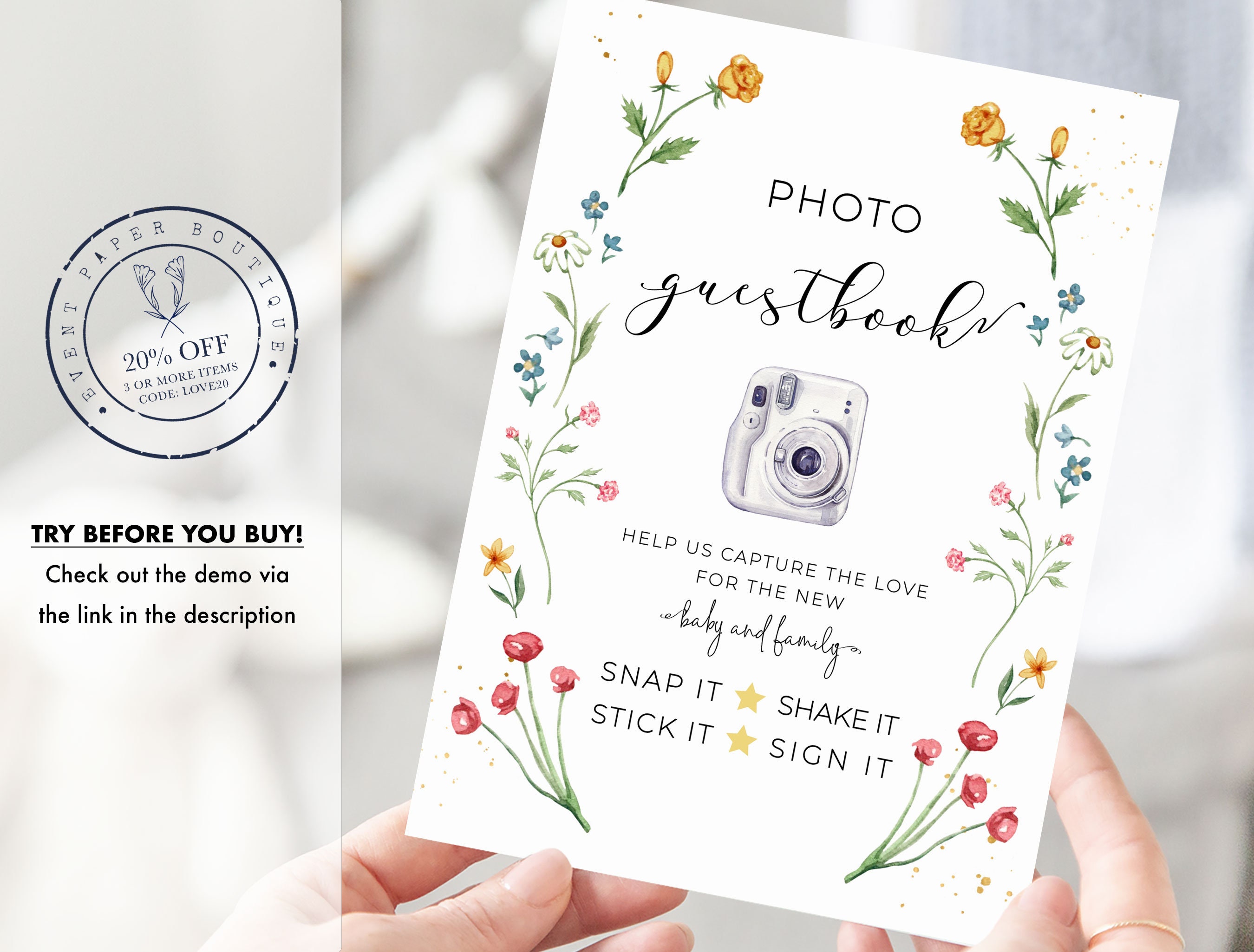 Wildflower Guest Book Baby Shower Sign Template, Floral Guestbook Sign ...