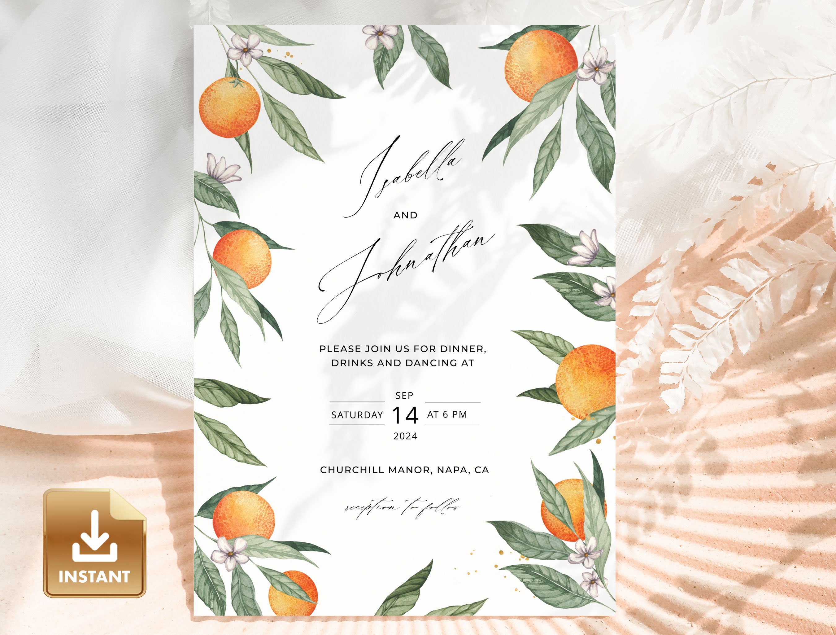 CLEMMIE - Citrus Wedding Reception Invitation Template, Editable ...