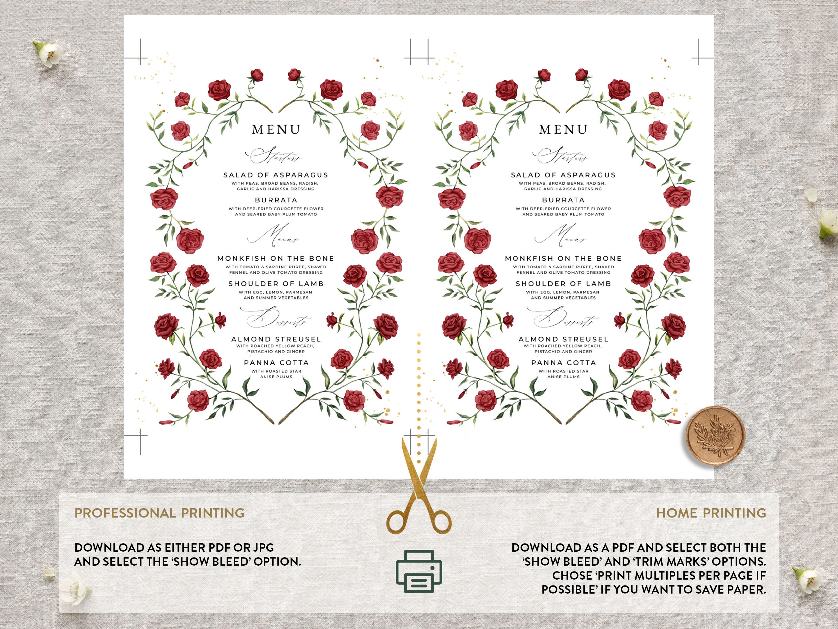BRIAR Red Rose Menu Card Template, Romantic Wedding Menu, Editable Rose ...